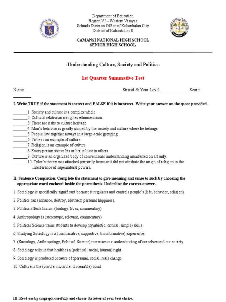 Understanding Culture, Society and Politics-: 1st Quarter Summative ...