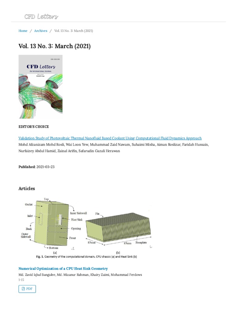 Vol. 13 No. 3 - March (2021) - CFD Letters | PDF | Computational Fluid ...