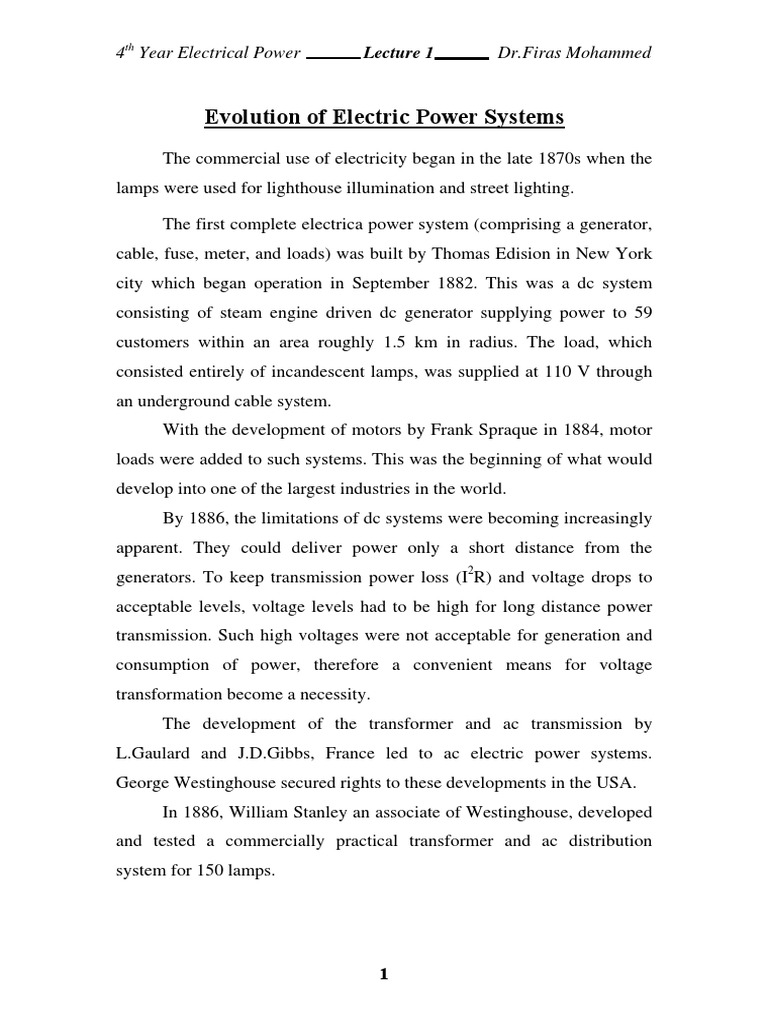 Lecture 1-Evolution of Electric Power Systems | PDF | Alternating ...