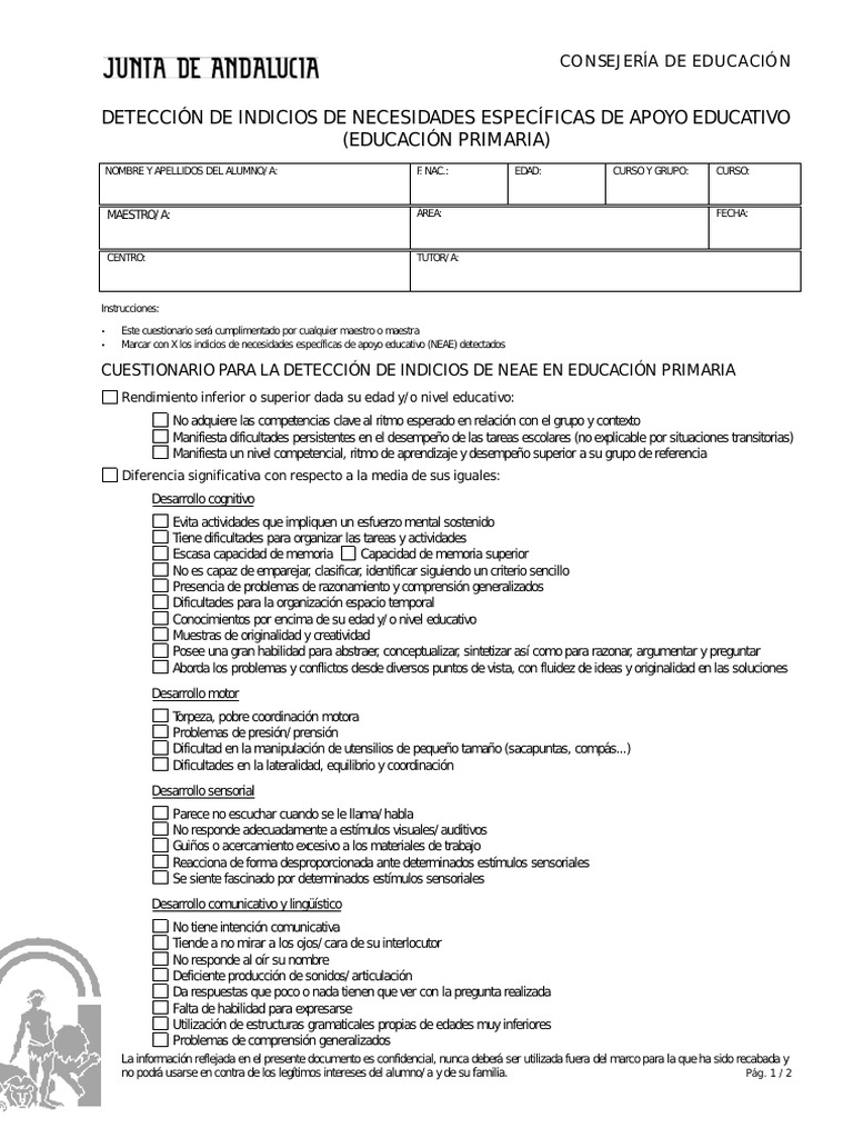 Deteccion Indicios Neae Ep (Primaria) Rellenable | PDF | Educación primaria | Memoria