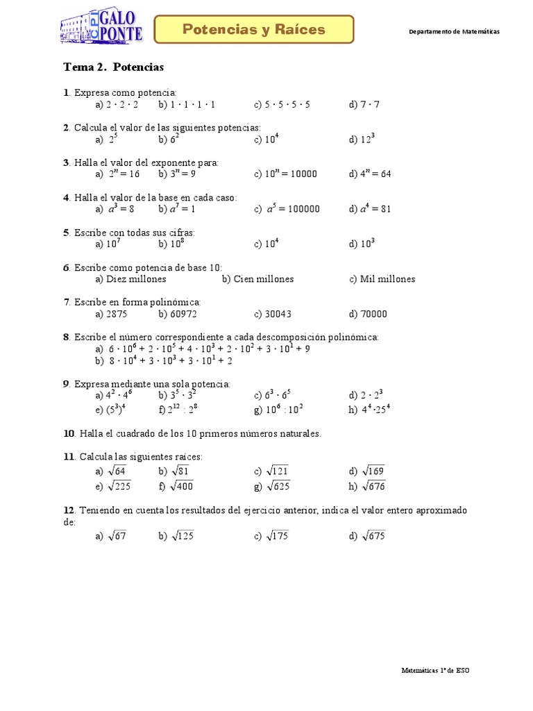 Potencias y Raíces: Ejercicios 1º ESO | PDF