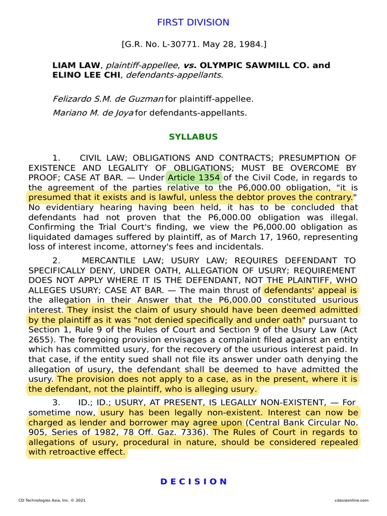 Liam Law V Olympic Sawmill | PDF | Lawsuit | Usury