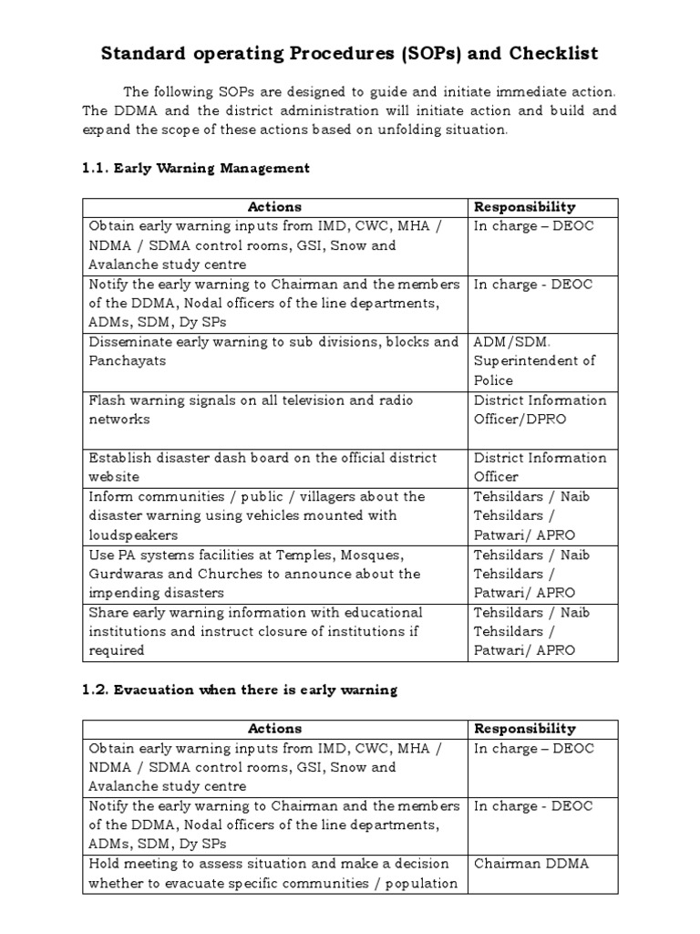 Standard Operating Procedures (Sops) and Checklist: 1.1. Early Warning ...