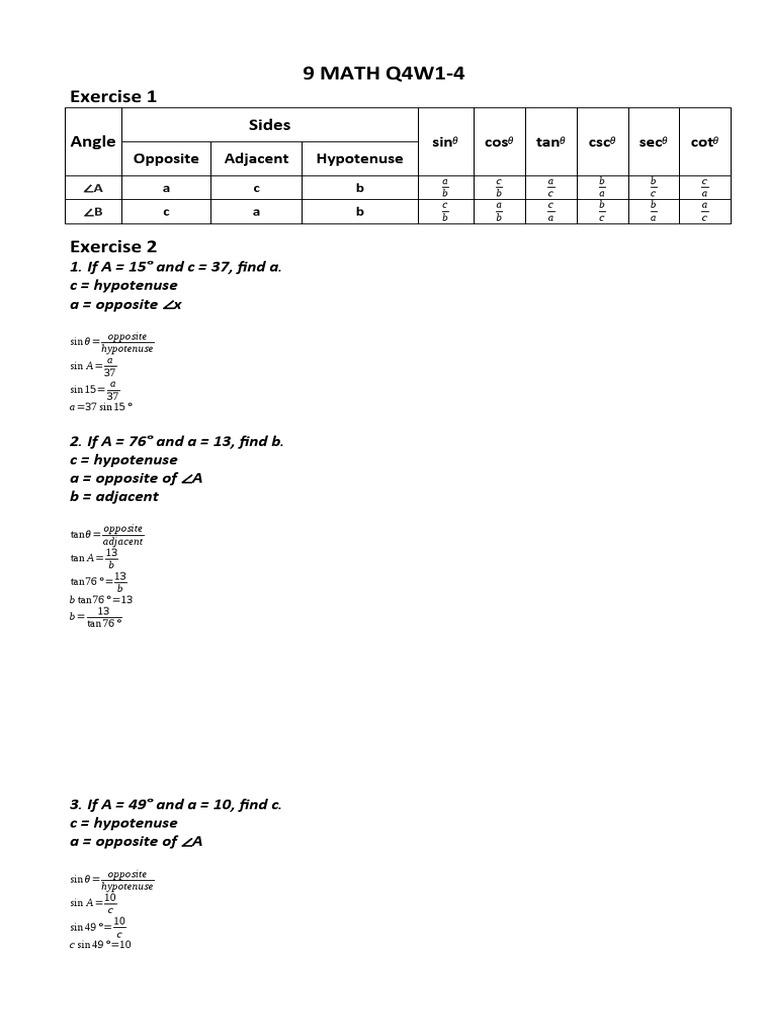9 MATH Q4W1-4: Exercise 1 | PDF | Trigonometric Functions | Sine