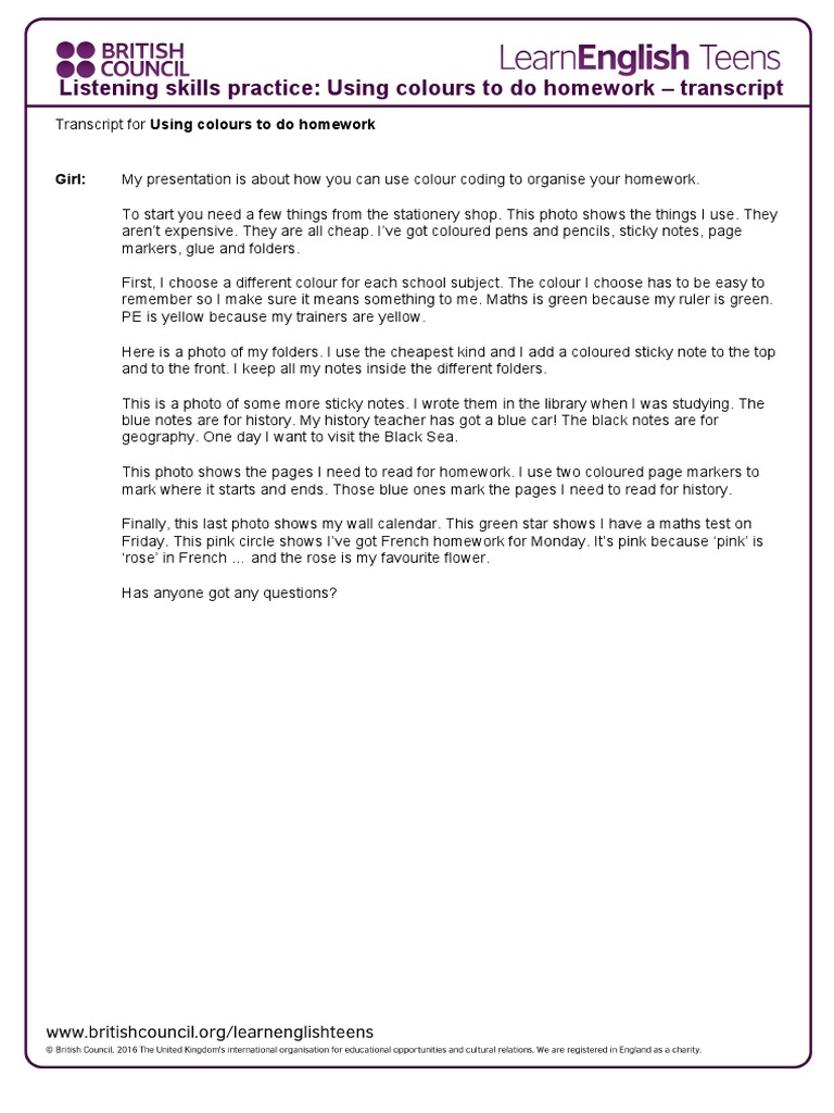 Using Colours To Do Homework - Transcript | PDF