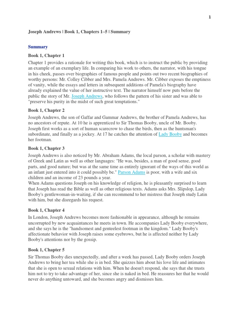 Joseph Andrews - Book 1, Chapters 1-5 - Summary | PDF