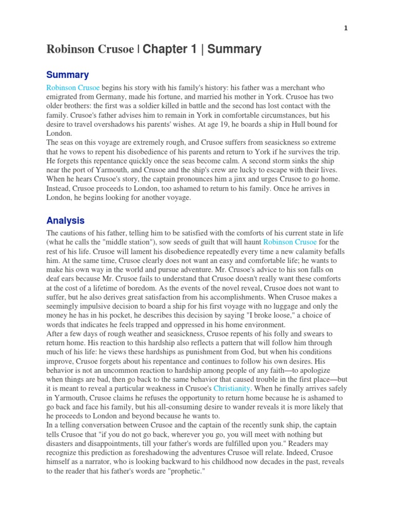 Robinson Crusoe - Chapter 1 - Summary | PDF