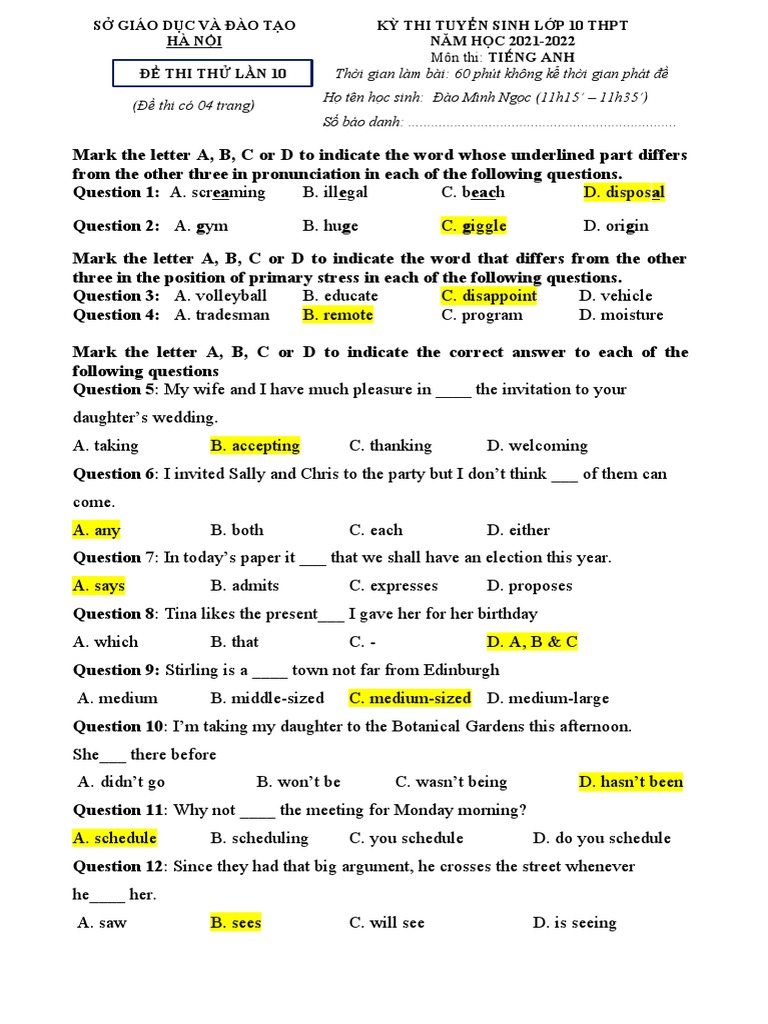 Understanding English: Sample Practice Test for 10th Grade Entrance ...