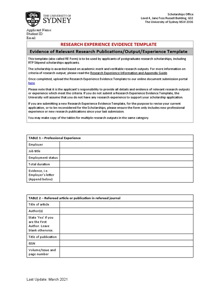Research Experience Evidence Template | PDF | Career & Growth