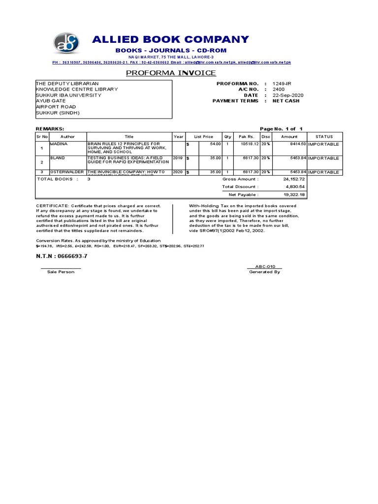Allied Book Company: Proforma Invoice | PDF | Pro Forma | Corporations