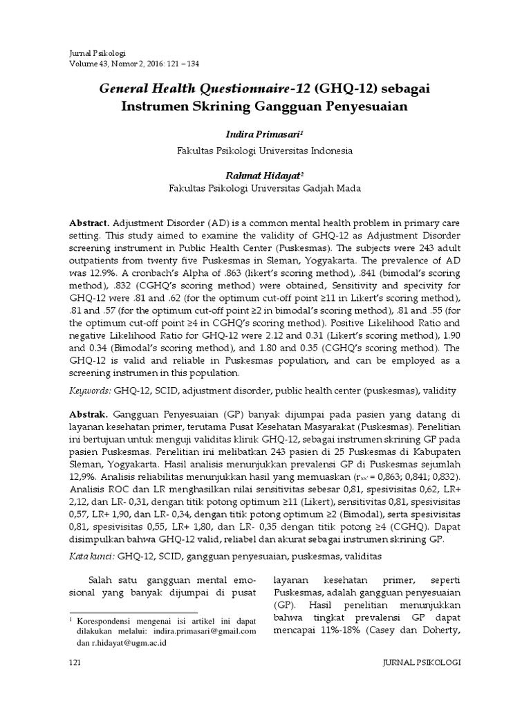 ID General Health Qquestionnaire 12 GHQ 12 | PDF