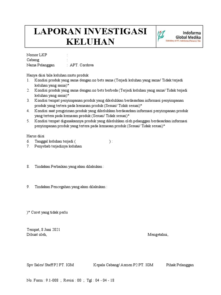 9.1-008 Laporan Investigasi Keluhan | PDF