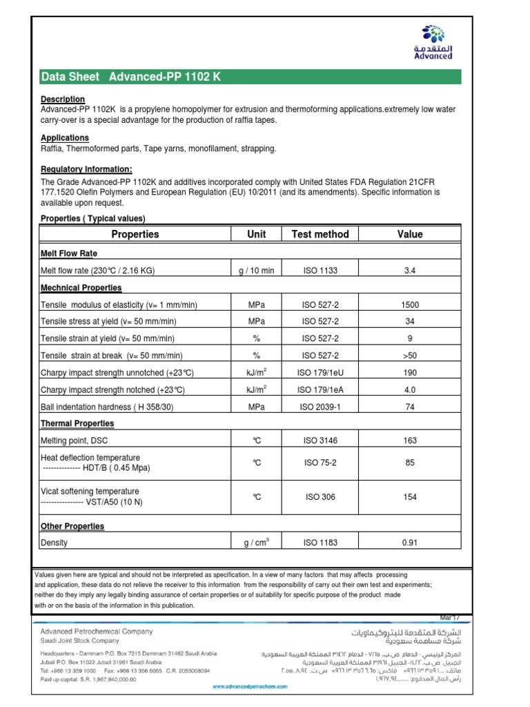 Data Sheet Advanced-PP 1102 K: Properties Unit Test Method Value | PDF ...