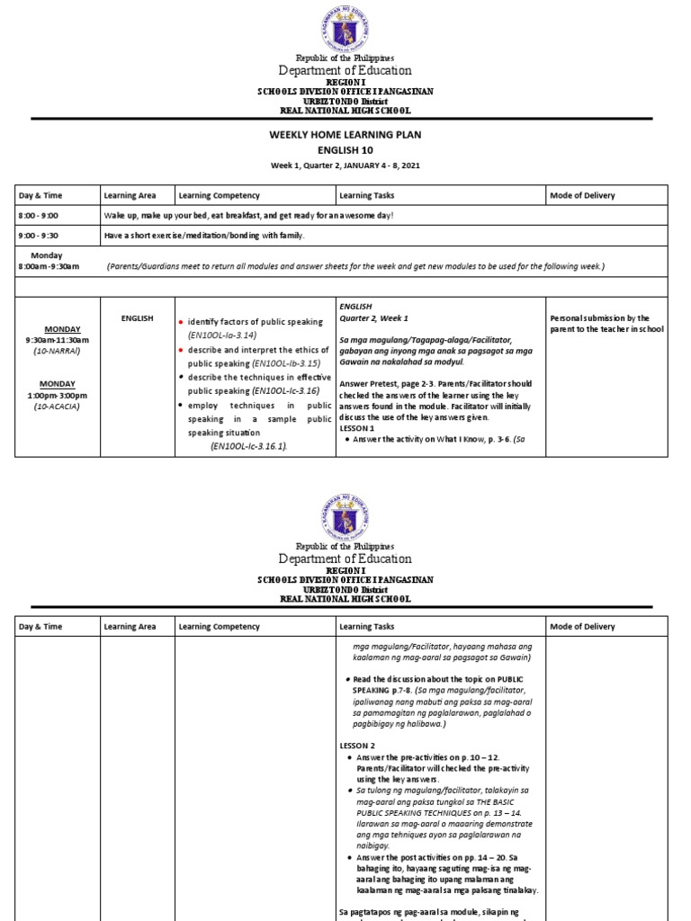 Q2 - WEEKLY-HOME-LEARNING-PLAN-week-1 | PDF | Learning | Educational Psychology