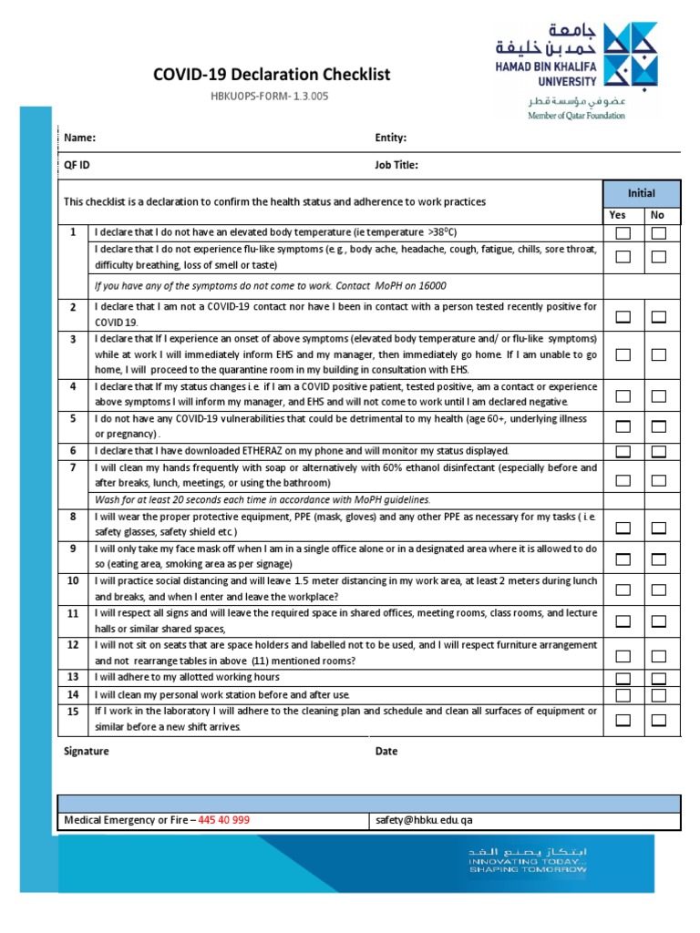 COVID-19 Checklist Declaration | PDF | Personal Protective Equipment ...