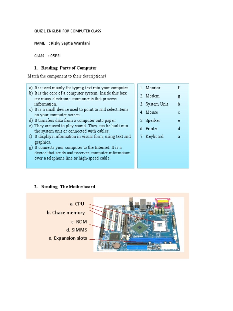 Reading: Parts of Computer: Quiz 1 English For Computer Class Name ...
