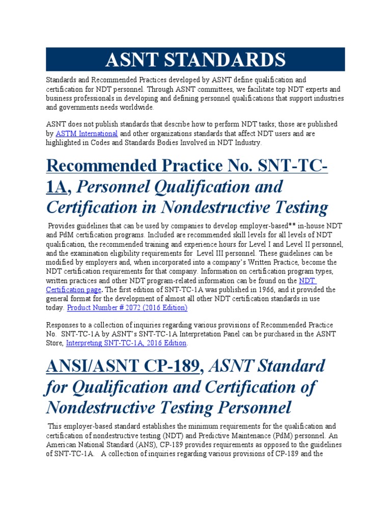 Asnt Standards: Recommended Practice No. SNT-TC-1A, Personnel ...