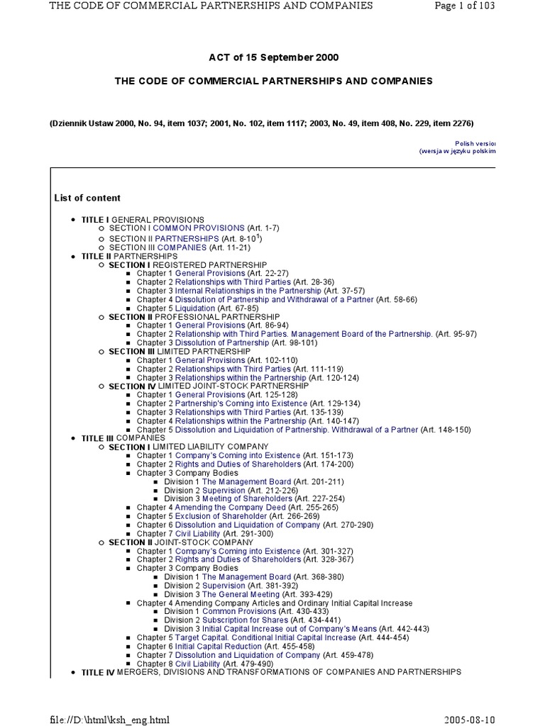 Polish Code of Commercial Companies en Version | PDF | Partnership ...
