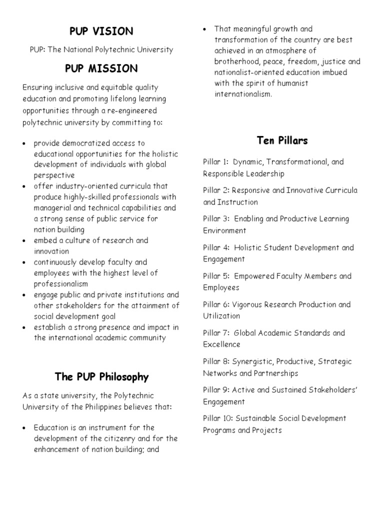 PUP Vision, Mission, and Other Values | PDF