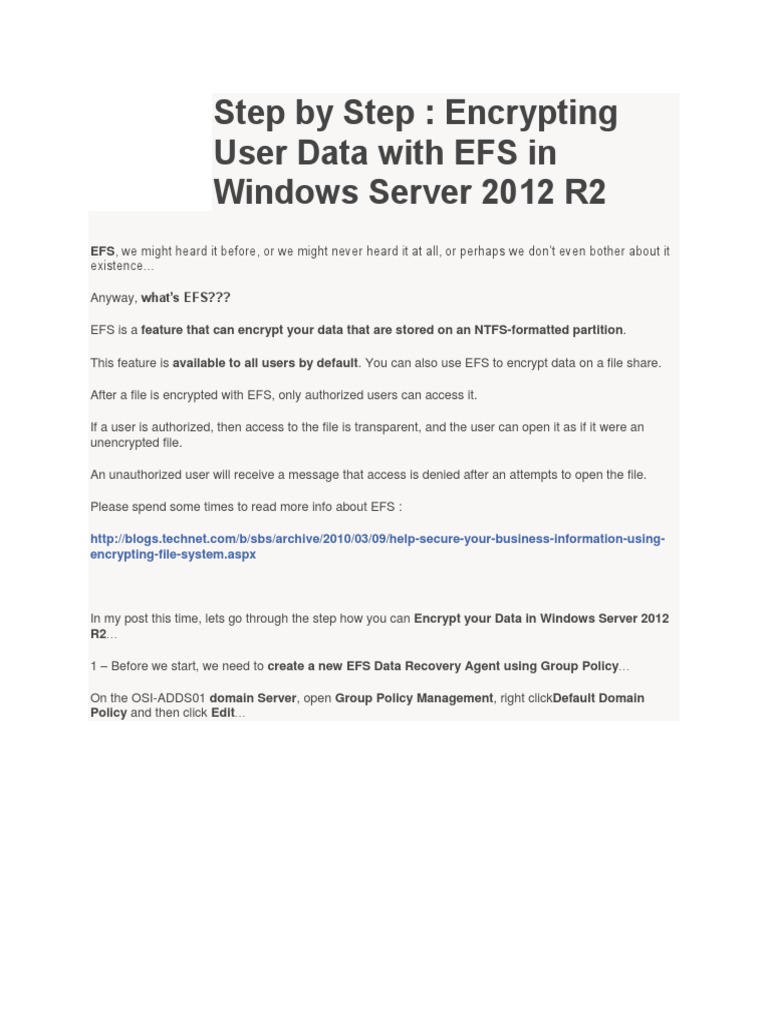 Step by Step Encrypting User Data With EFS in Windows Server 2012 R2 | PDF | Group Policy ...