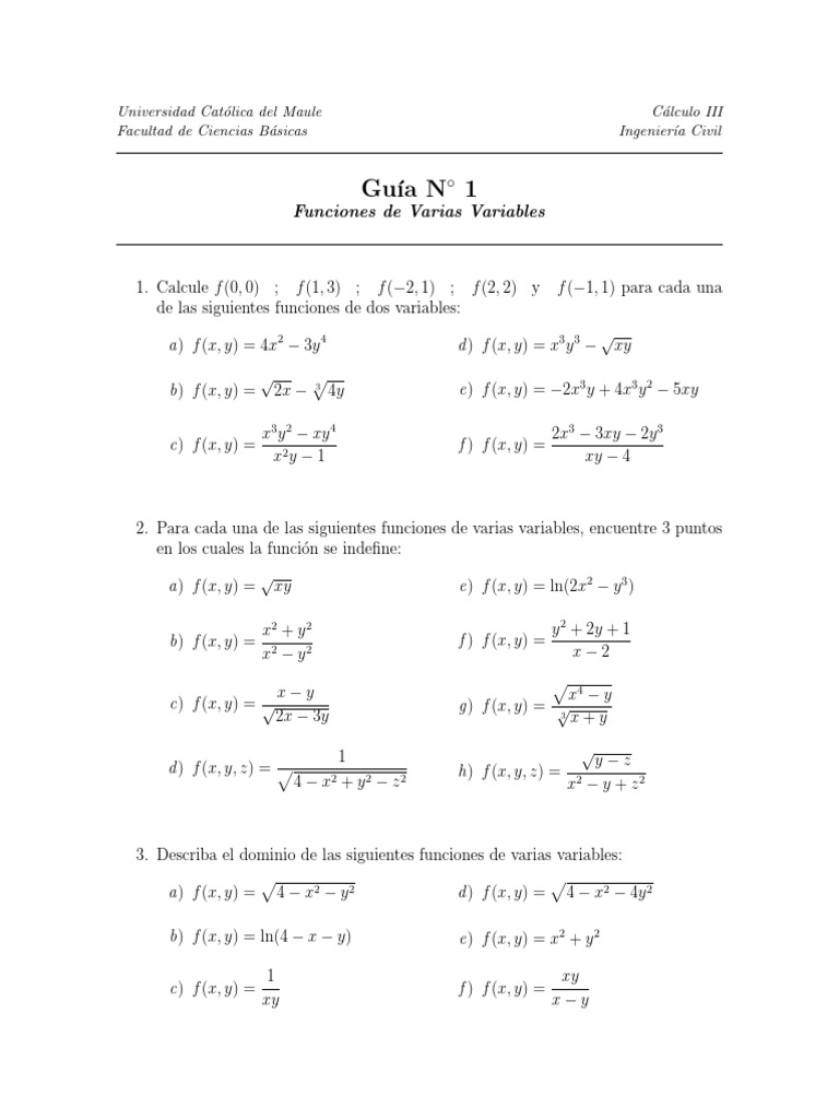 Guía #1 - Funciones de Varias Variables | PDF | Función (Matemáticas) | Matemáticas