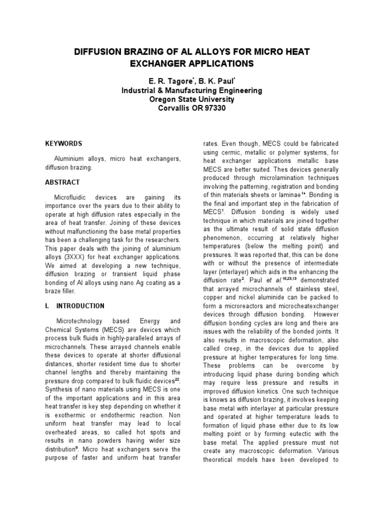 Diffusion Brazing of Al Alloys For Micro Heat Exchanger Applications ...
