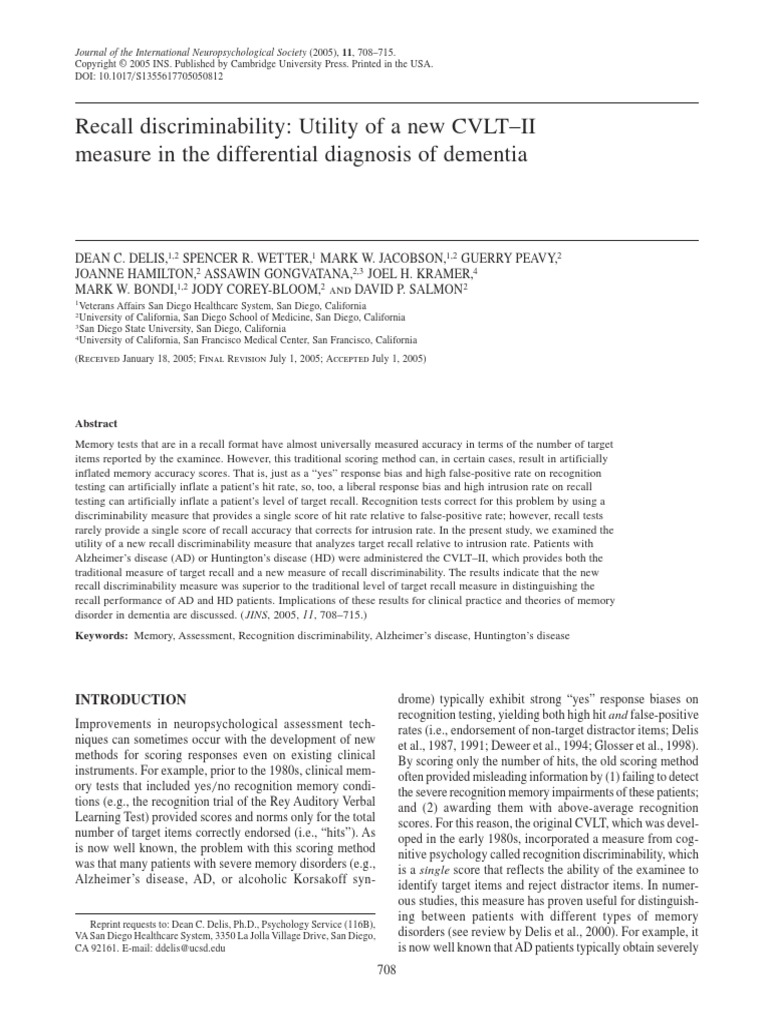Recall Discriminability: Utility of A New CVLT-II Measure in The ...