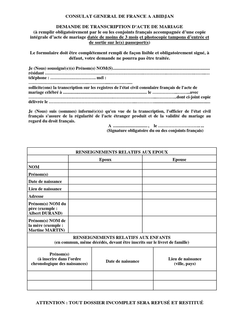 Formulaire - de - Demande - Transcription - Mariage 3 | PDF