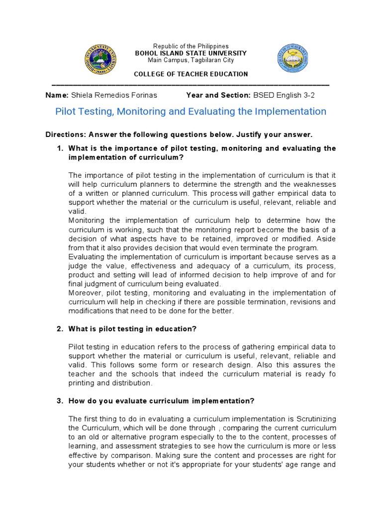 Pilot Testing, Monitoring and Evaluating the Implementation of ...