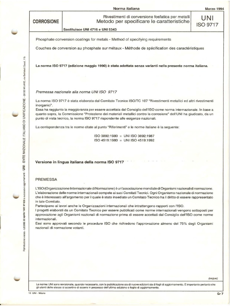 UNI ISO 9717 Rivestimenti Di Conversione Fosfatica Per Metalli | PDF