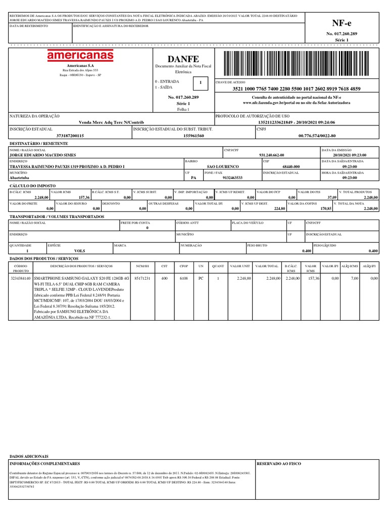 Nota Fiscal Celular | PDF | Recibo | Business