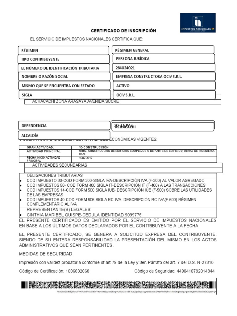 Certificado de Inscripción | PDF