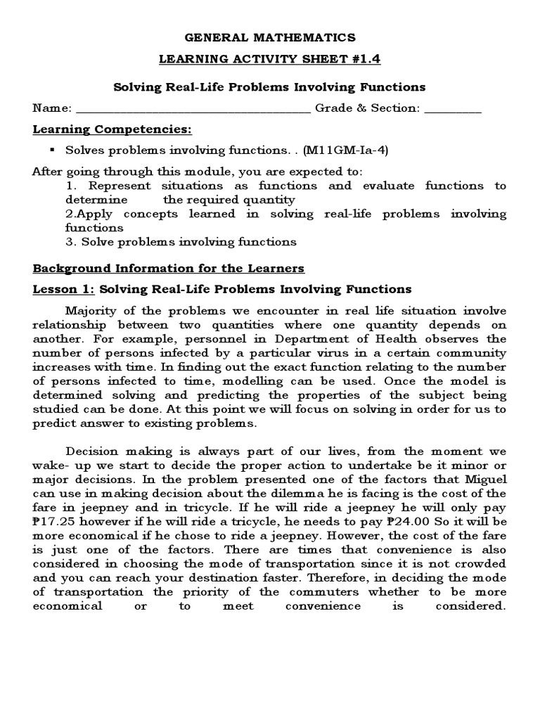 General Mathematics Learning Activity Sheet #1.4 Solving Real-Life ...