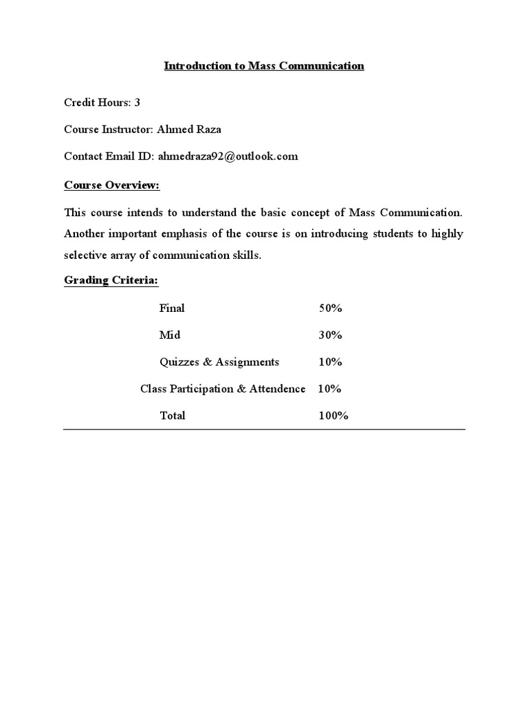 Introduction To Mass Communication Course Outline | PDF