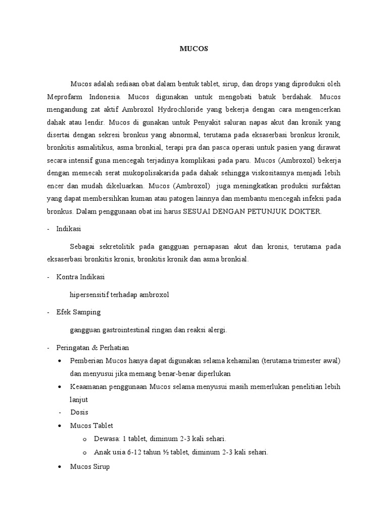 Informasi Obat Mucos untuk Batuk Berdahak | PDF
