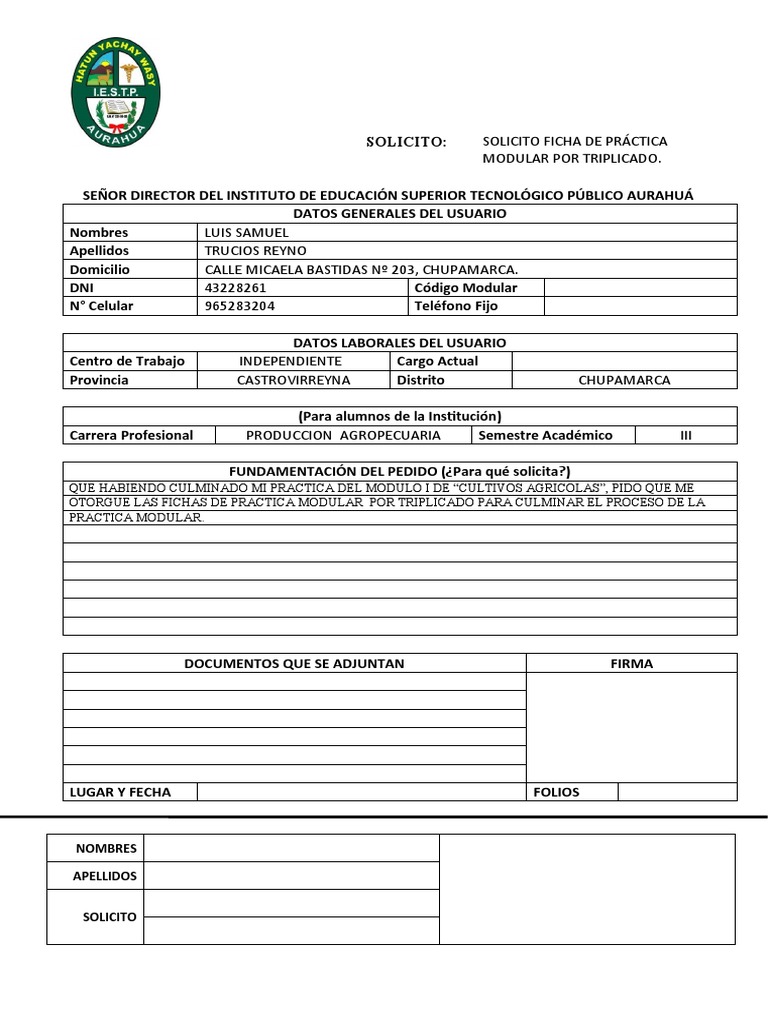 Solicitud Fichas de Practicas | PDF