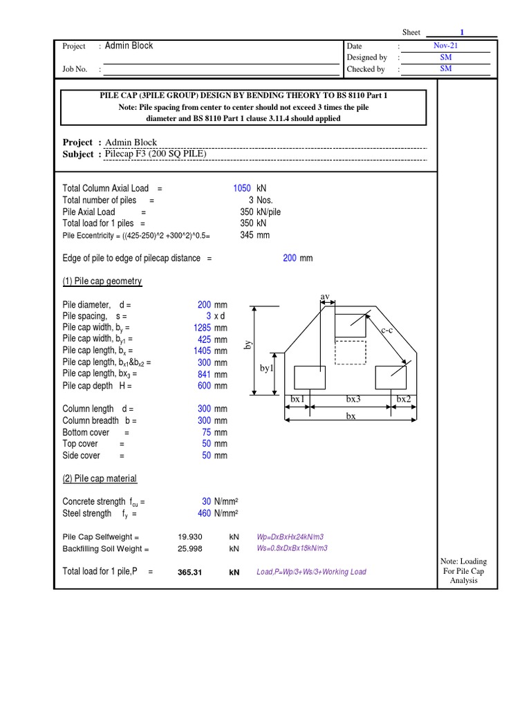 Admin Block: Pile Cap (3pile Group) Design by Bending Theory To Bs 8110 ...