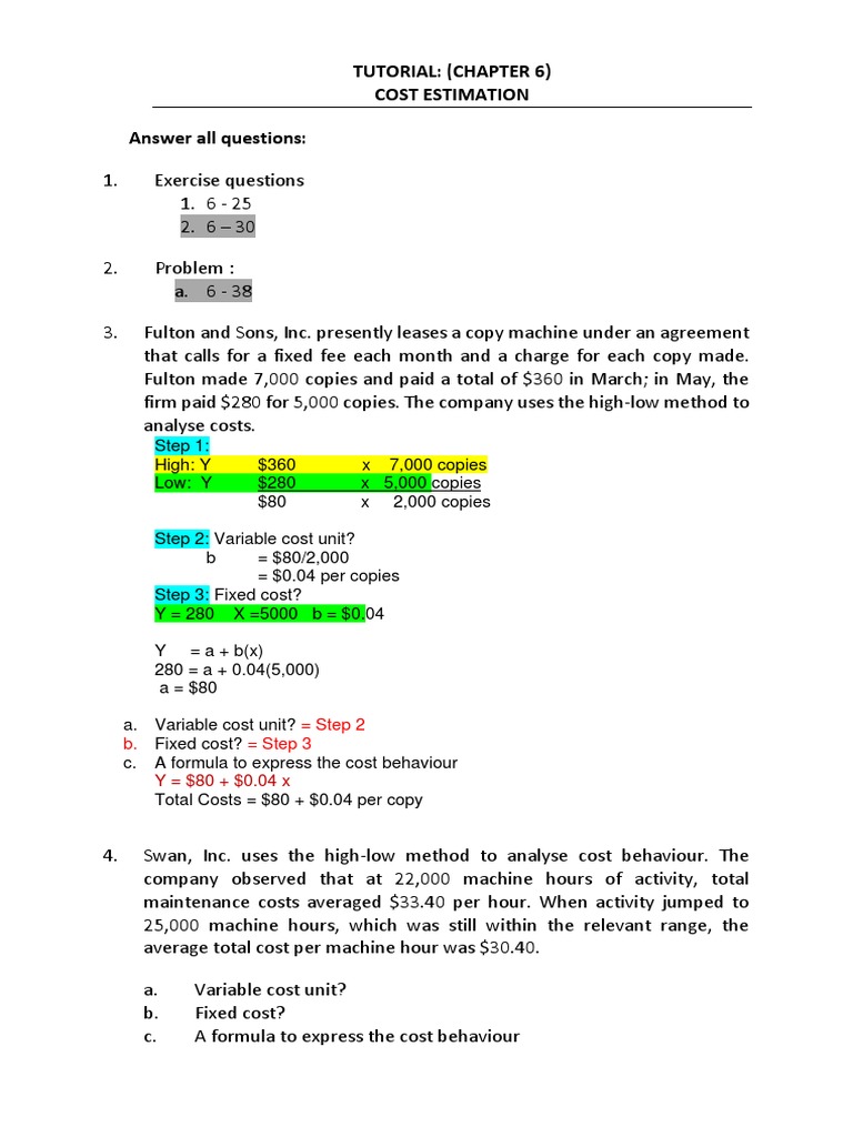 Tutorial: (Chapter 6) Cost Estimation Answer All Questions:: Step 2 B ...