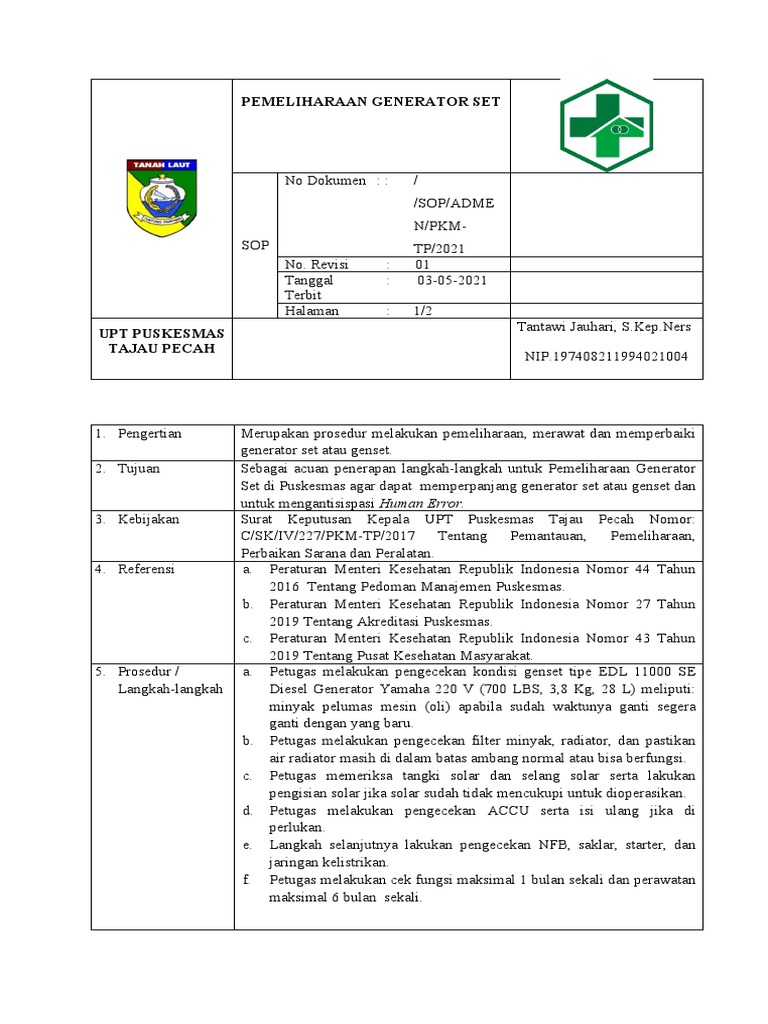 SOP Pemeliharaan Genset Puskesmas | PDF
