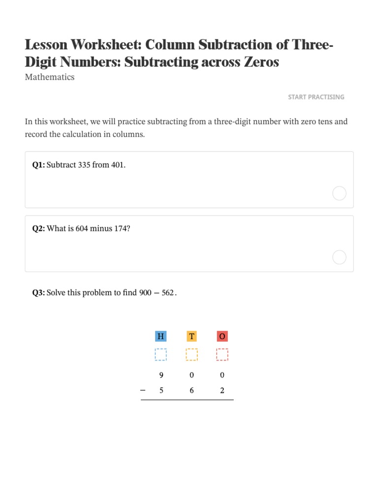Lesson Worksheet - Column Subtraction of Three-Digit Numbers ...