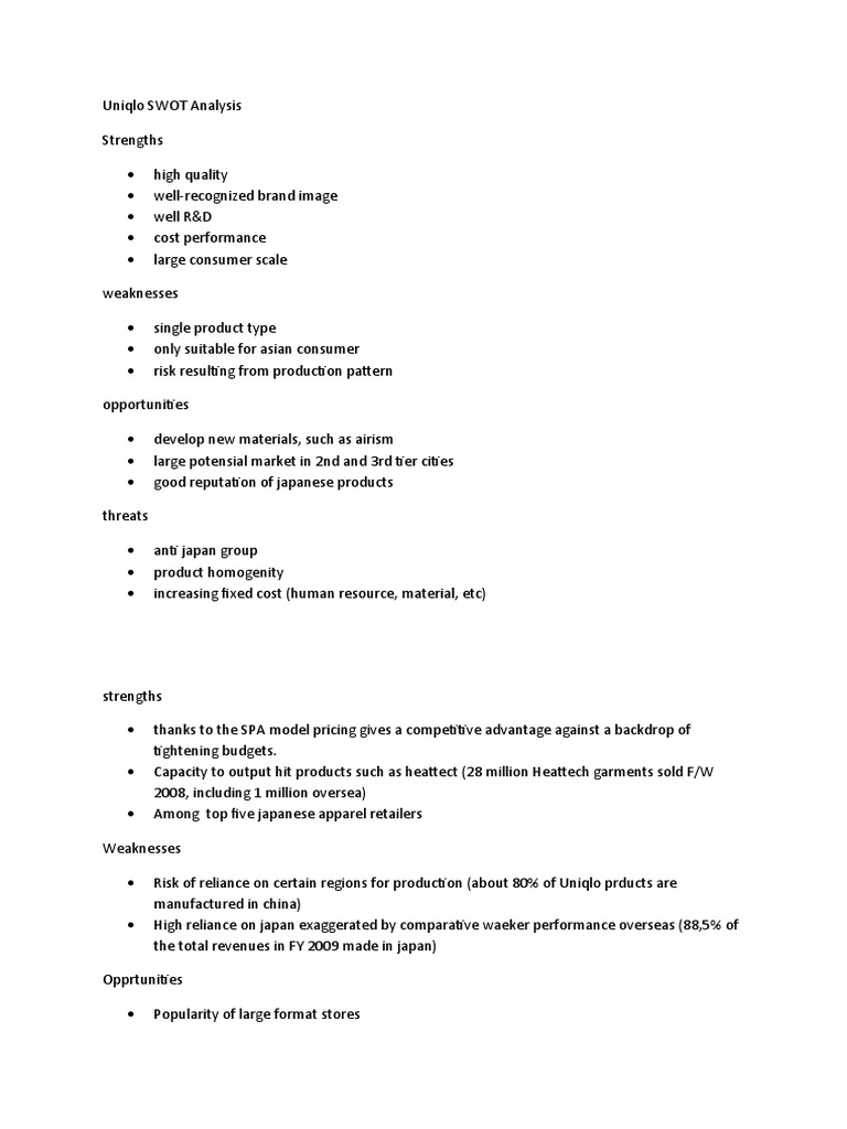 Uniqlo SWOT Analysis | PDF