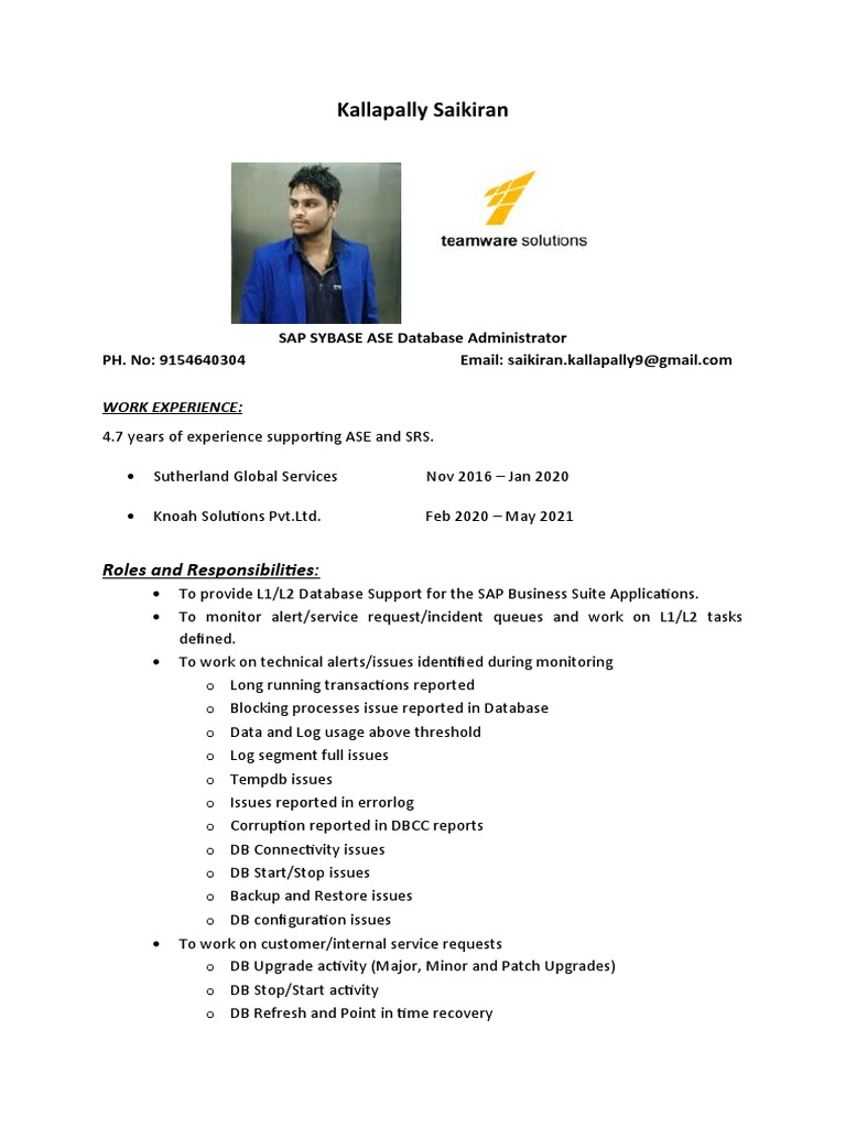 Kallapally Saikiran - 4.7 Years - Sybase DBA - TCS - CV - Chennai - Teamware | PDF | Databases ...
