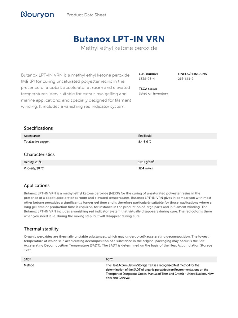 Butanox LPT-IN VRN: Methyl Ethyl Ketone Peroxide | PDF | Chemistry ...
