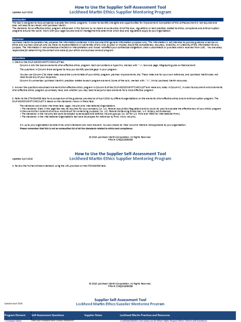Lockheed Martin Ethics Supplier Mentoring Program: How To Use The Supplier Self-Assessment Tool ...