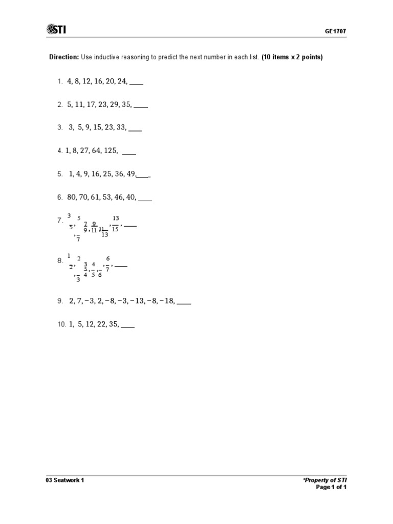 Direction: Use Inductive Reasoning To Predict The Next Number in Each List. (10 Items X 2 Points ...