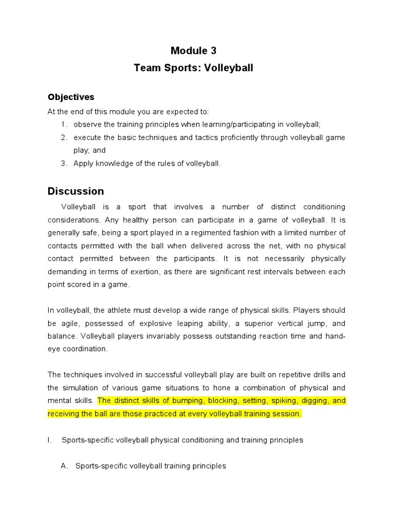 Team Sports: Volleyball: Objectives | PDF | Volleyball | Sports
