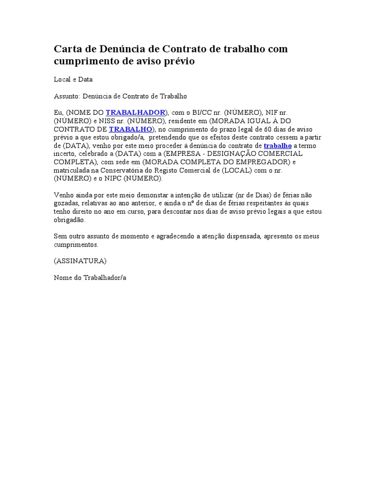 Modelo De Denuncia De Contrato De Trabalho
