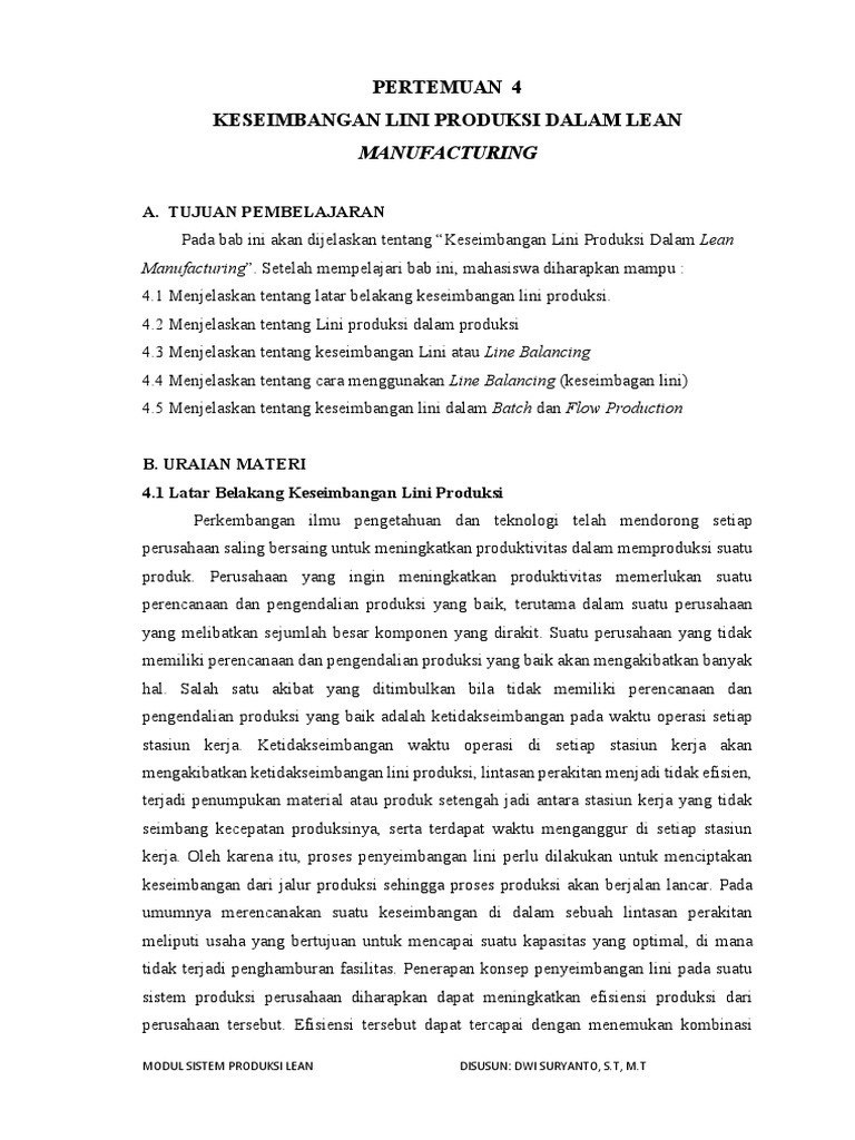 Pertemuan Ke 4 Keseimbangan Lini Produksi Dalam Lean Manufacturing | PDF