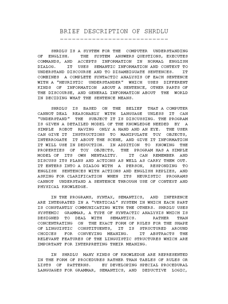 SHRDLU: AI Language Understanding System | PDF | Information | Semantics