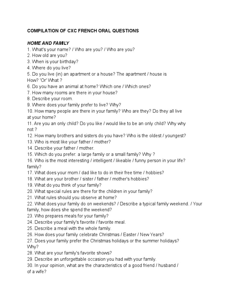 CXC French Oral Exam Questions Guide | PDF | Lunch | Cafeteria